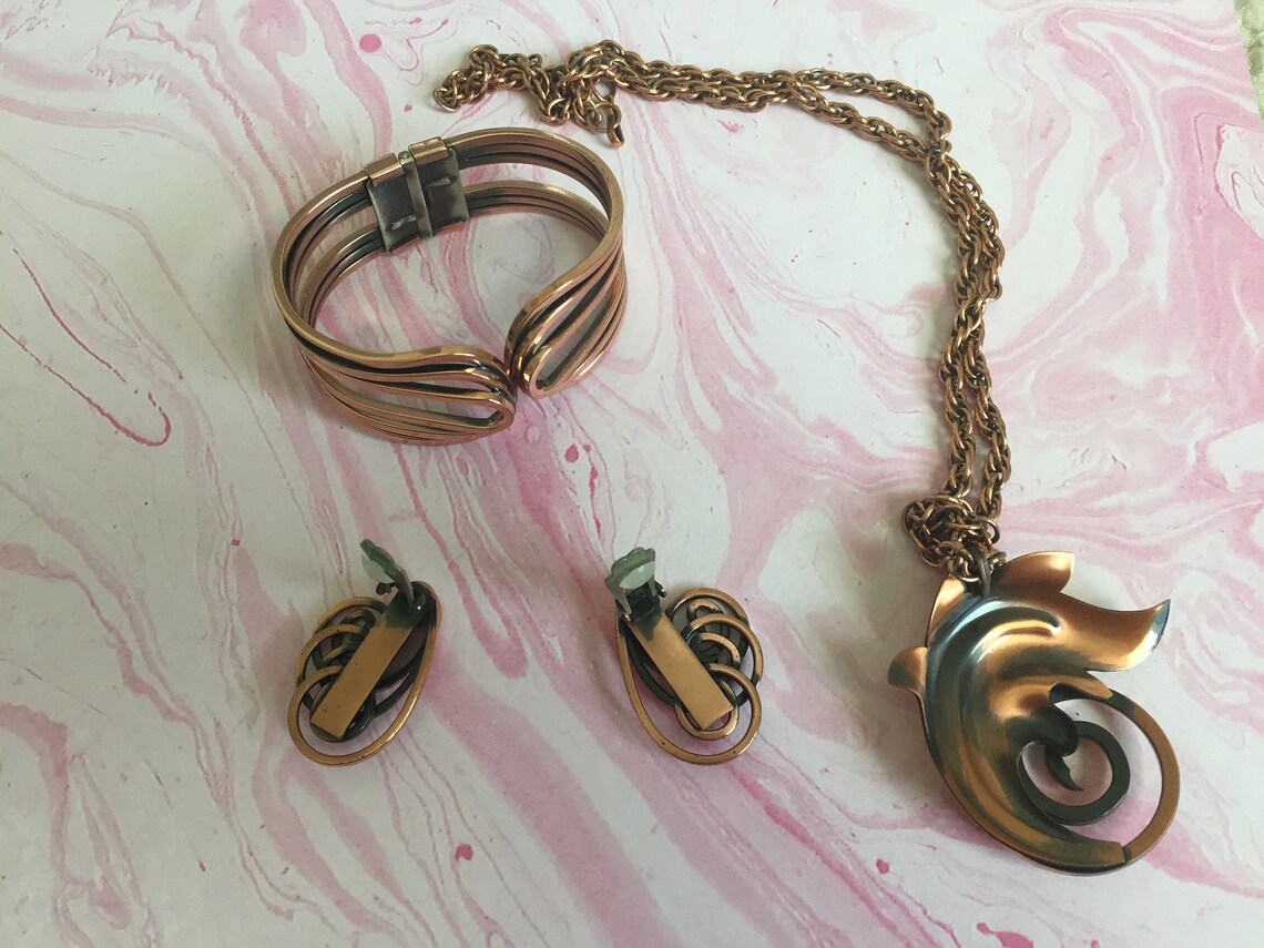 Copper Swirl Jewelry Set Vintage Copper Spiraled Necklace | Etsy