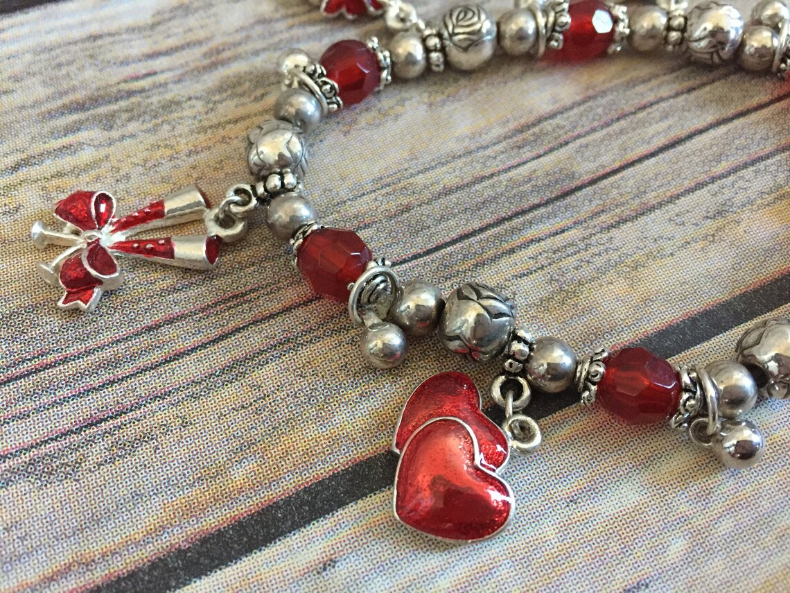 Silver Toned Metal and Red Enamel Beaded Bracelet - Etsy