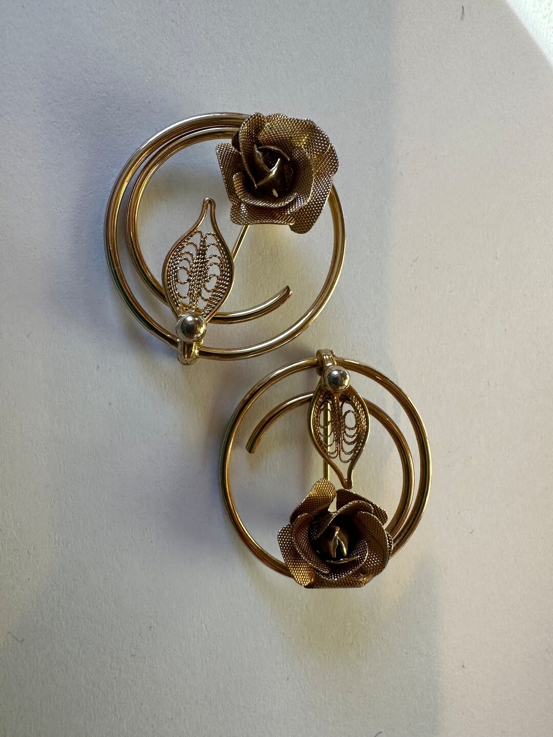 Gold Toned Metal Rose and Leaf on Circle Spiral Pins - Set of Two ...