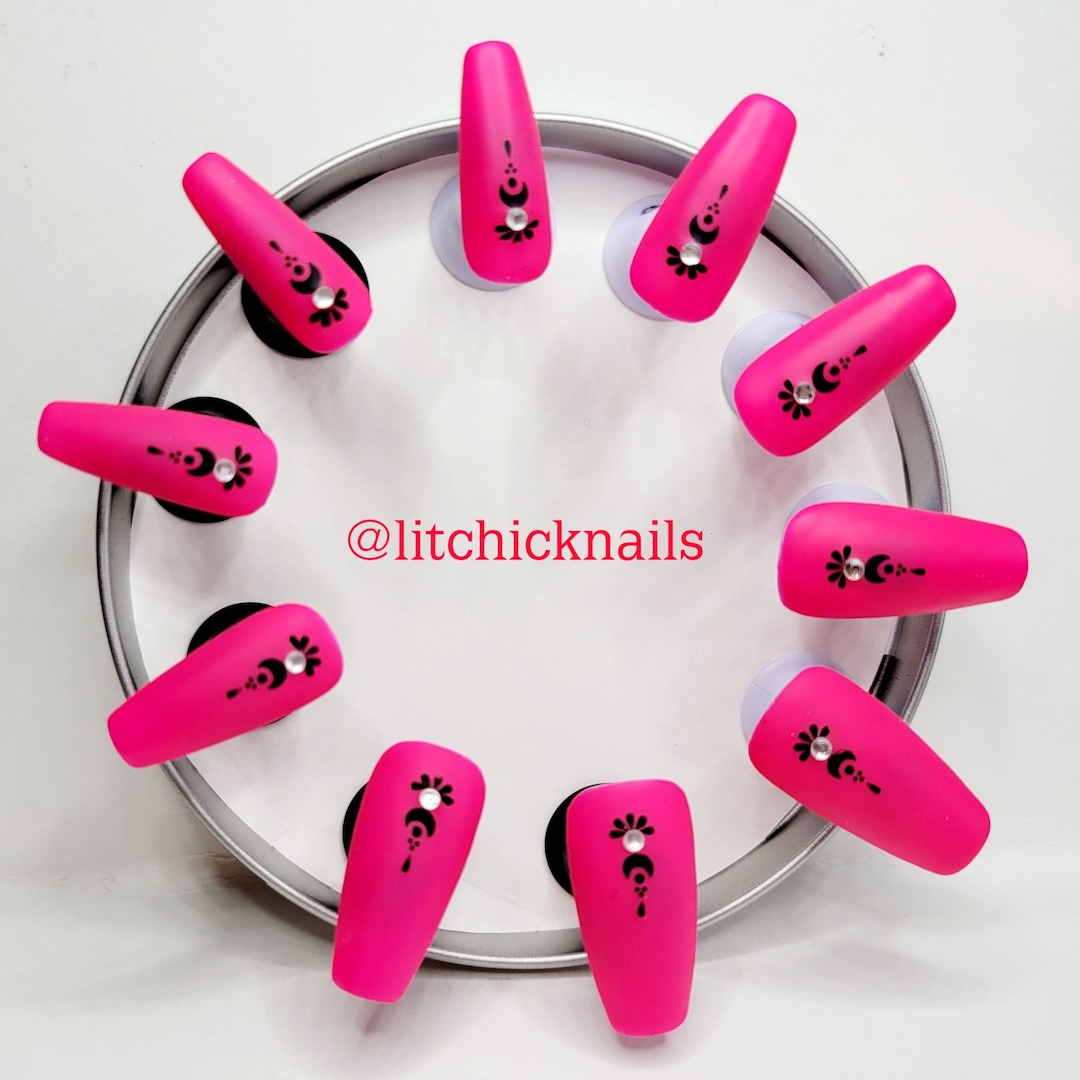 Hot Pink Press on Nails With Rhinestones, Hot Pink Press on Nails ...