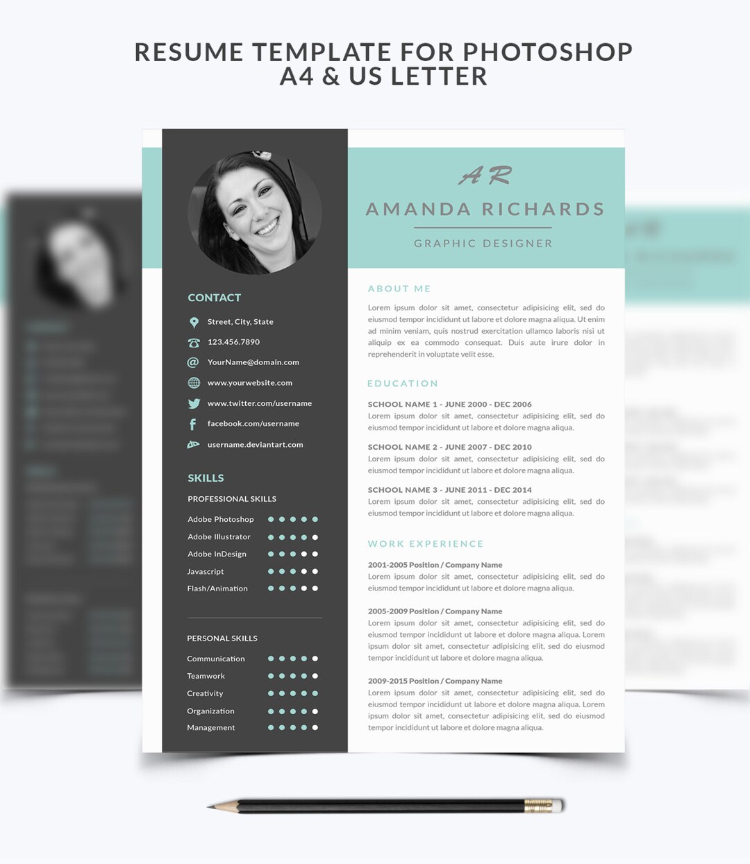Resume Template 001 for Photoshop - CV, Cover Letter, Portfolio Page ...