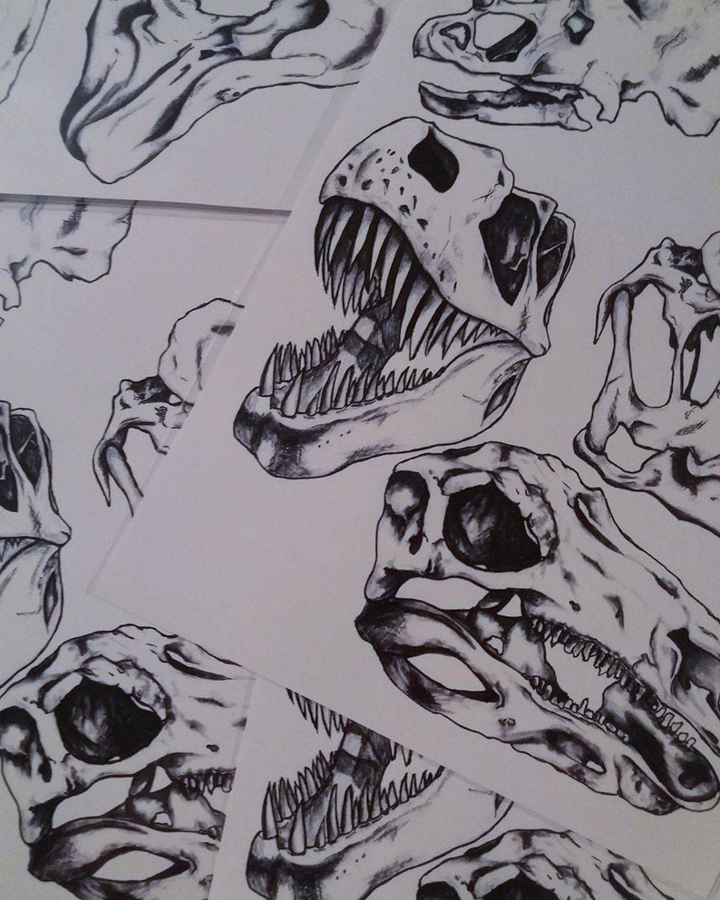 Dinosaur Ink Art Prints- 9X12 Size- Dino Art -original Prints -drawing ...