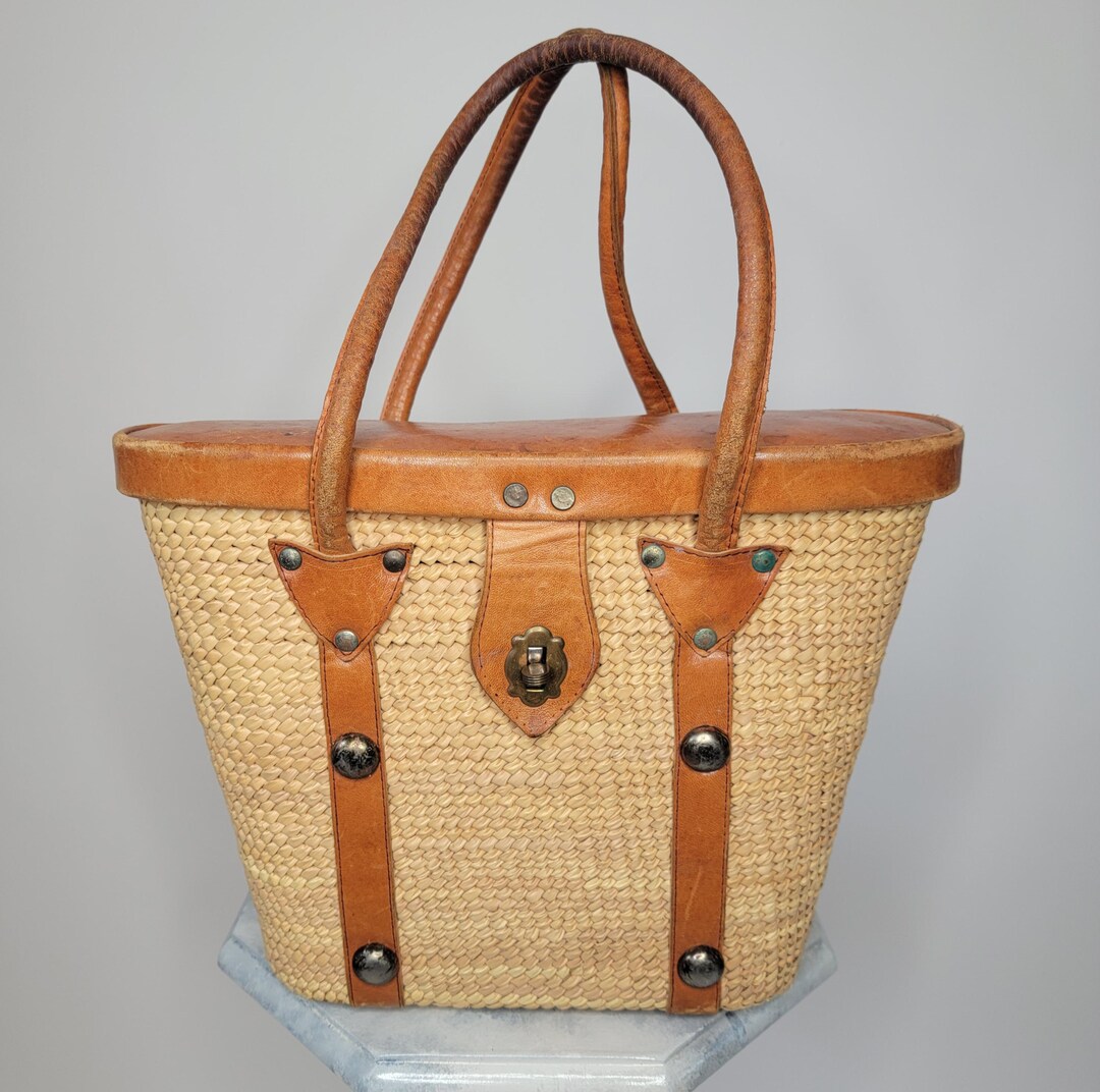 1970s Straw Basket Bag Natural Fiber Tote Top Handle Seventies Handbag ...
