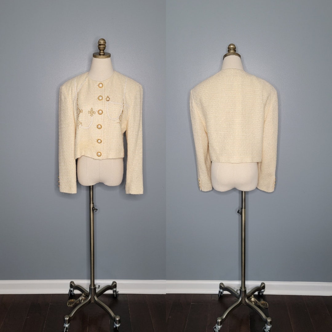 1980s Mondi Ivory Jacket With Gold Emboidery Military Style Cropped ...
