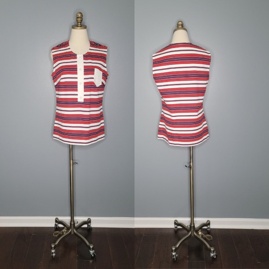 1960s Sears Red White and Blue Striped Sleeveless Polyester Top - Etsy