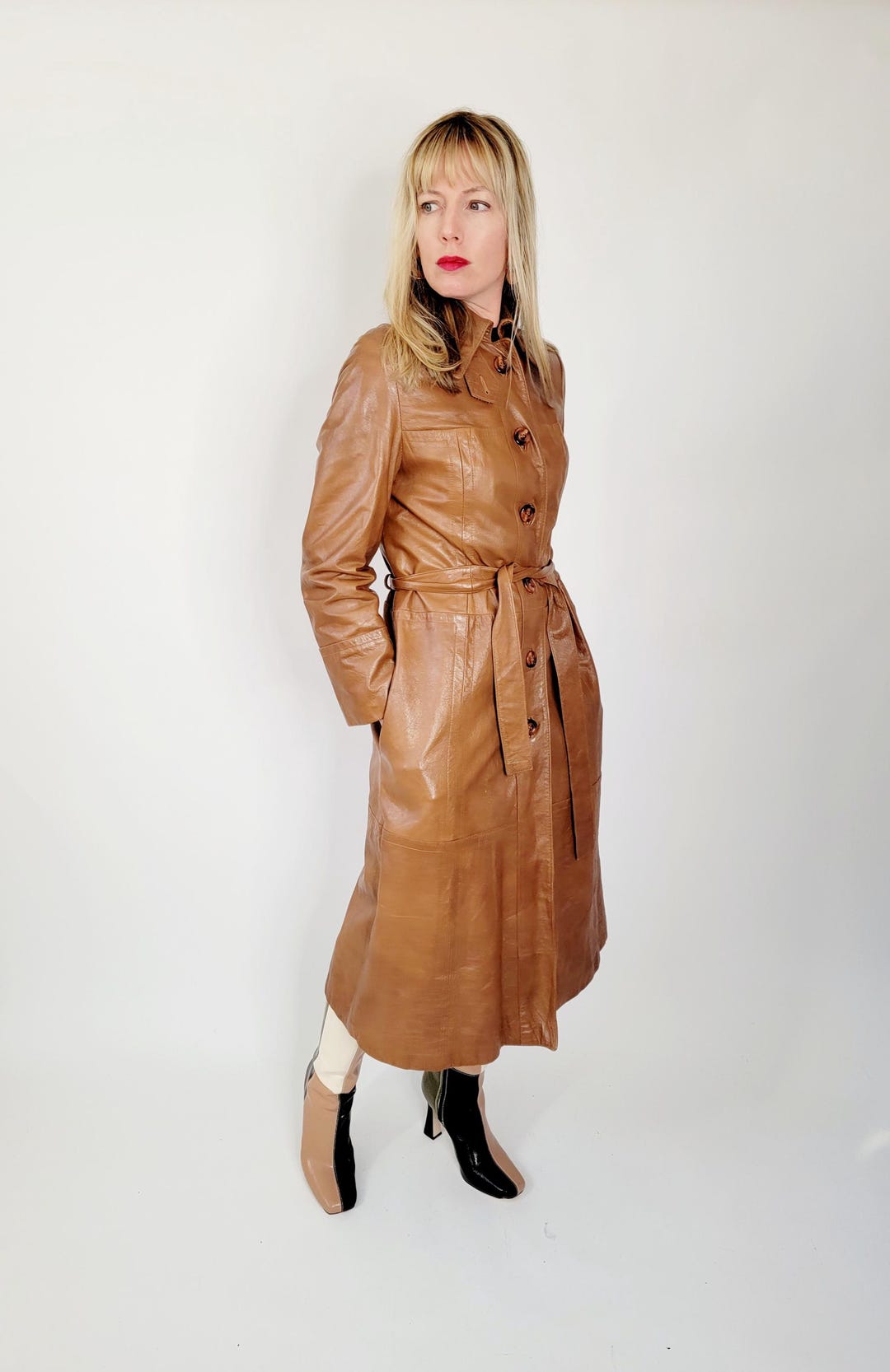 1970s Cognac Leather Dan Di Modes Trench Coat 24K Glace Lamb Leather ...