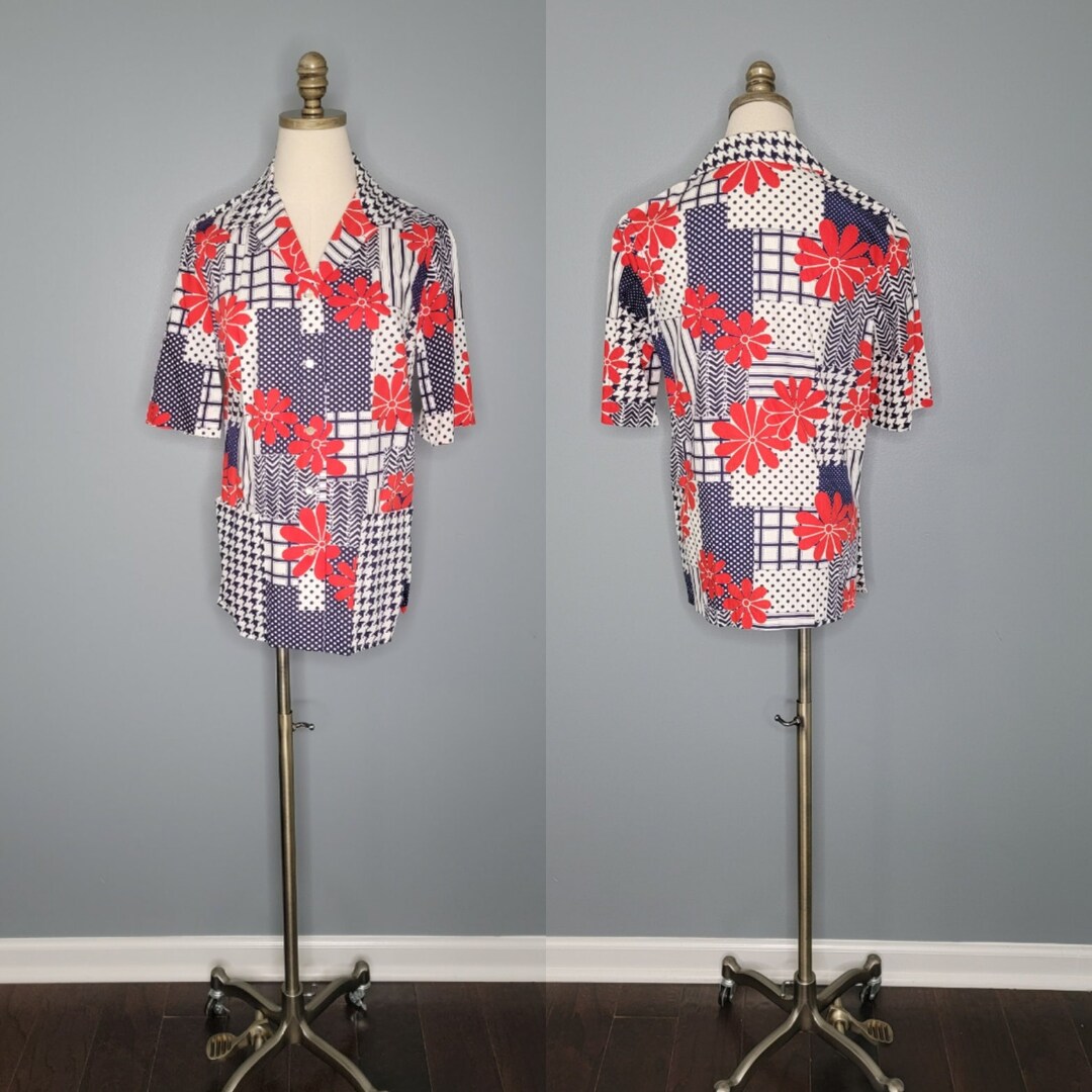 70s Pykettes Red White and Blue Patchwork Print Button up Short Sleeve ...