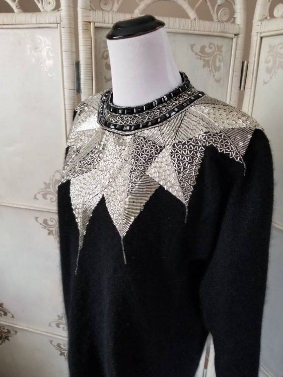 1980s IB Diffusion Sweater Black and Silver Jeweled C… - Gem