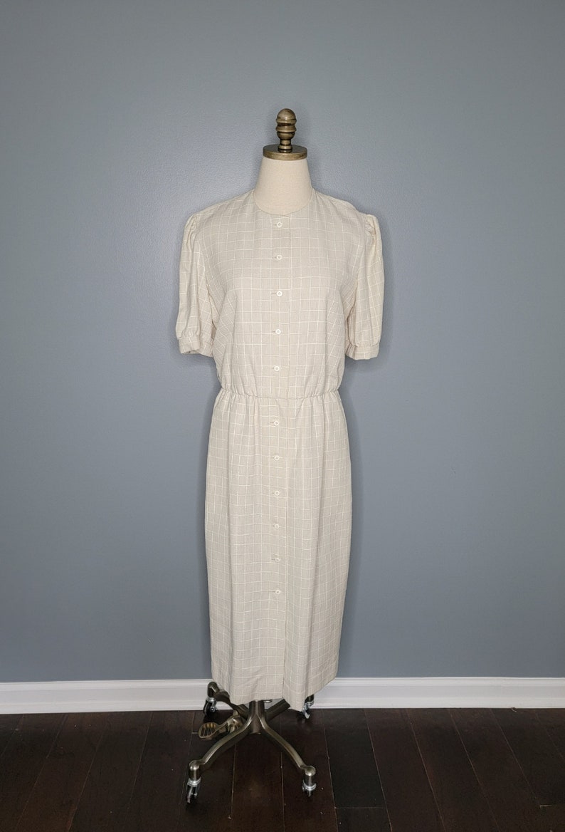 80s Frank Masandrea Biege Textured Grid Print Dress - Etsy