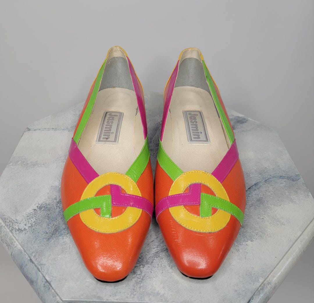 1980s Jasmin Point Toe Neon Orange Colorblock Heels Eighties Party ...