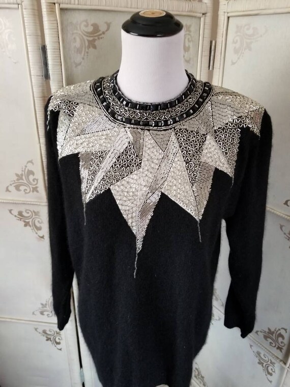 1980s IB Diffusion Sweater Black and Silver Jeweled C… - Gem