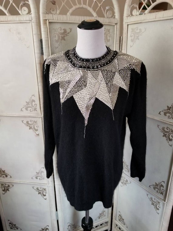 1980s IB Diffusion Sweater Black and Silver Jeweled C… - Gem