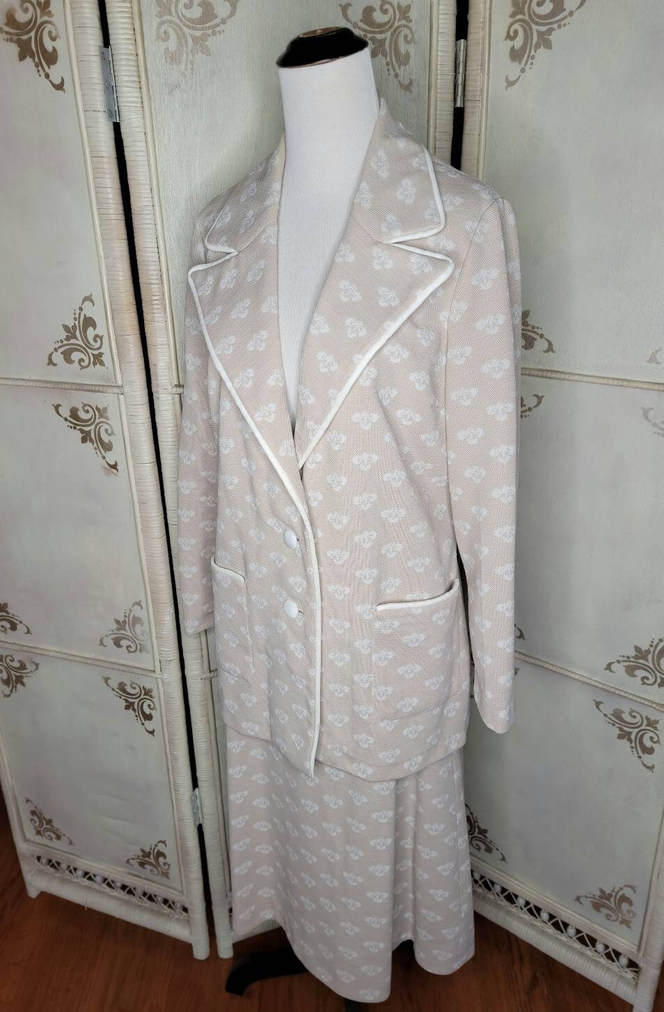 60s Neutral Suit Jacket and Skirt Handmade Beige Print - Etsy