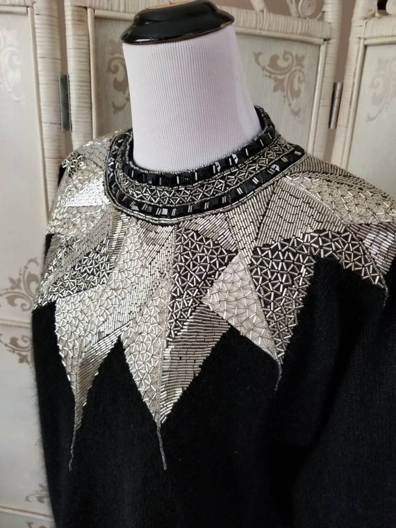 1980s IB Diffusion Sweater Black and Silver Jeweled C… - Gem