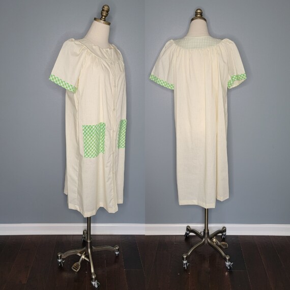 1960s Katz House Coat Ivory and Green Gingham 2C - Gem