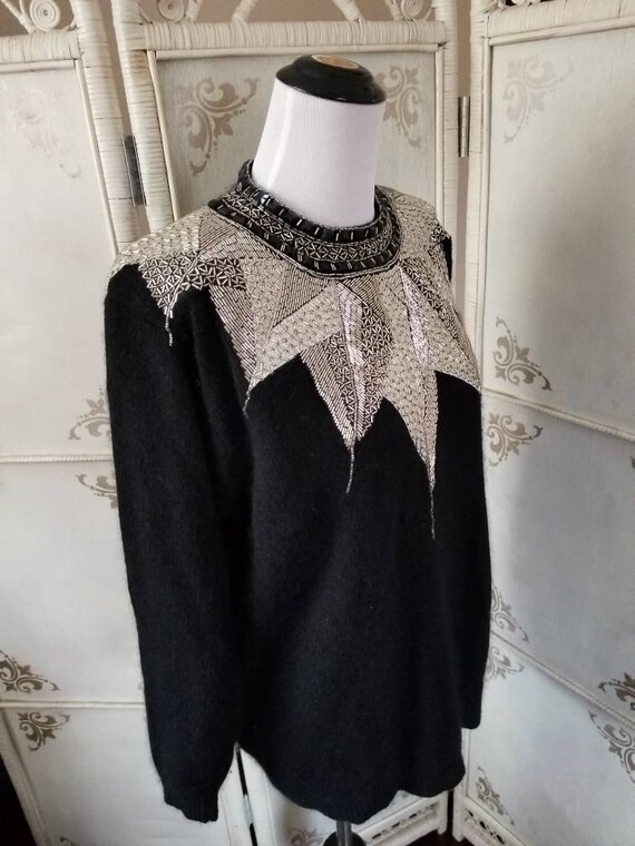 1980s IB Diffusion Sweater Black and Silver Jeweled C… - Gem