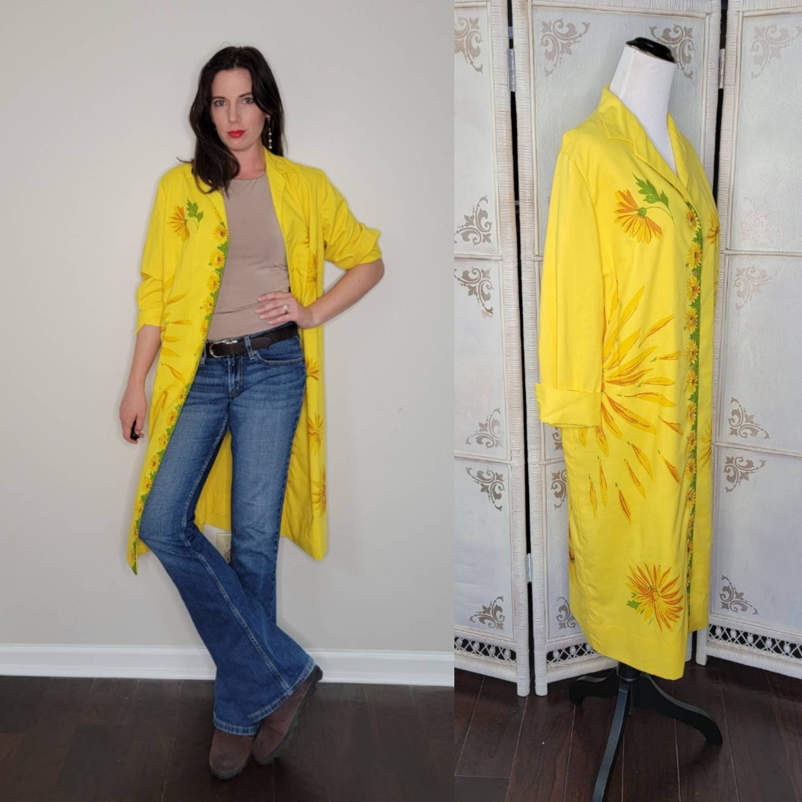 70s Yellow Sunflower Duster - Etsy