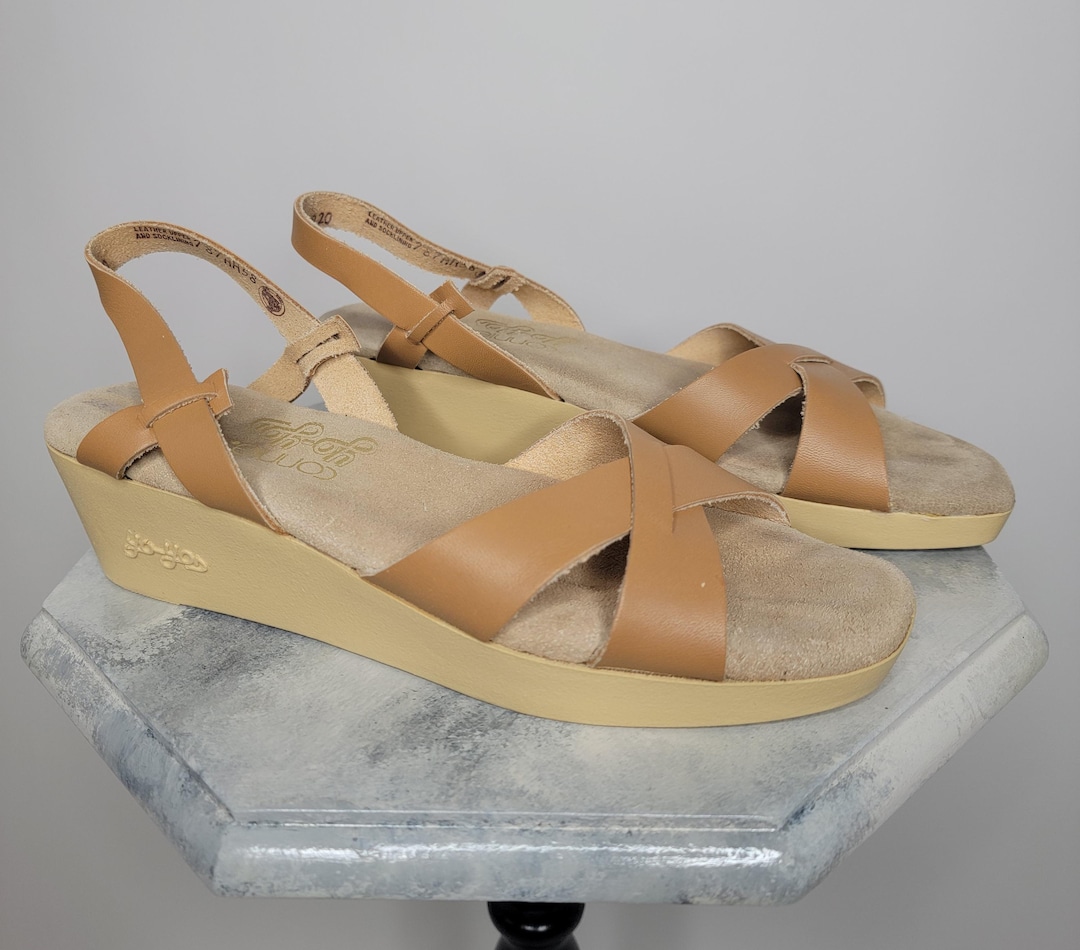 80s Connie Yo Yo's Tan Slingback Wedge Sandals Size 8.5 - Etsy