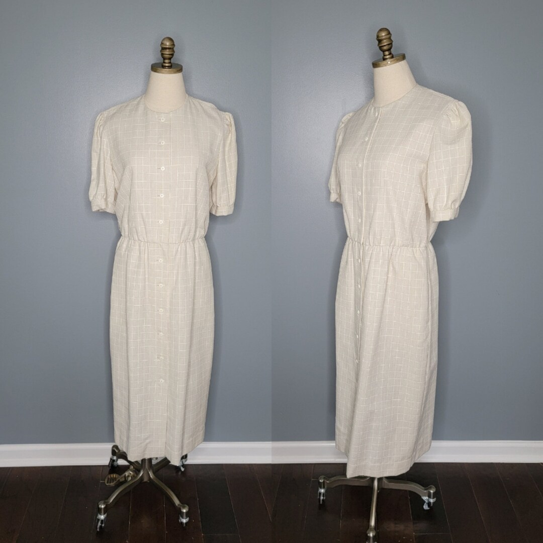 80s Frank Masandrea Biege Textured Grid Print Dress - Etsy