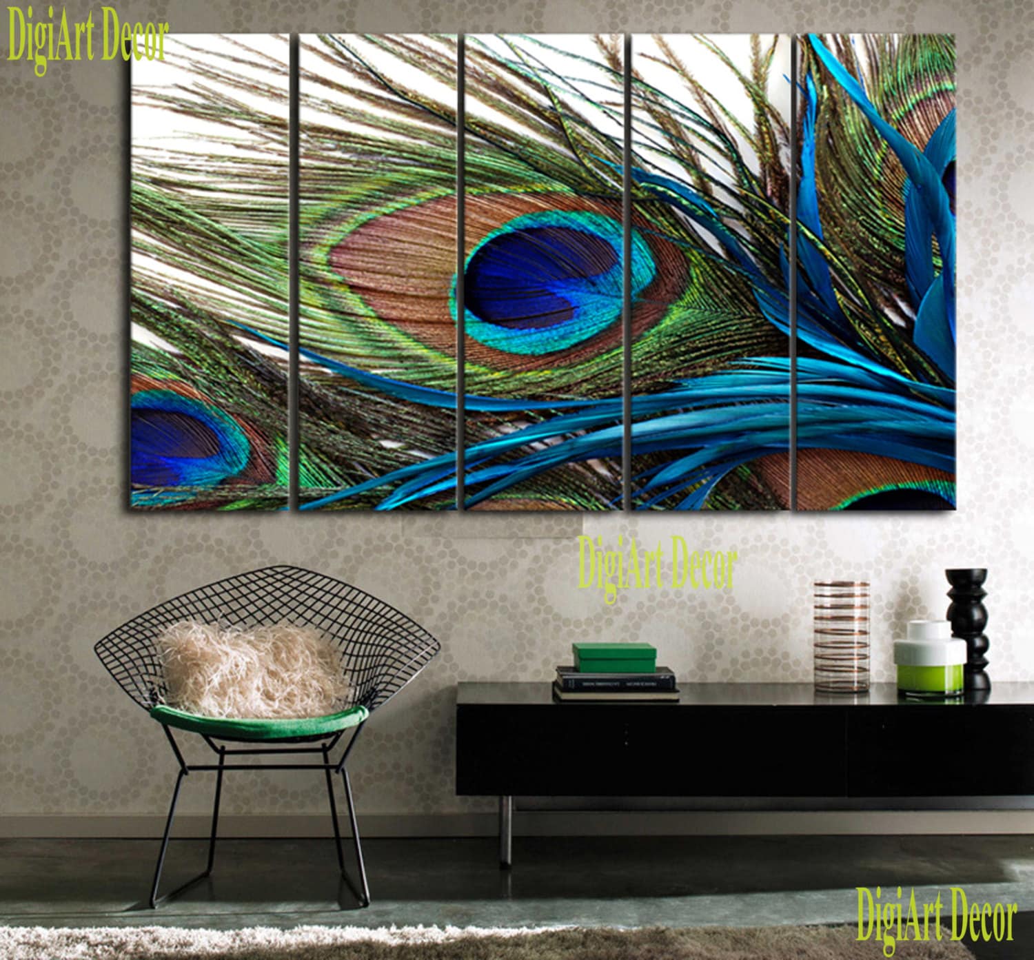 PEACOCK FEATHER Ready to Hang Set of 5 Wall Art Print Mounted on ...