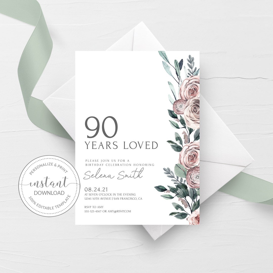 90th Birthday Invite Template, Boho Rose 90th Birthday Invitation for ...