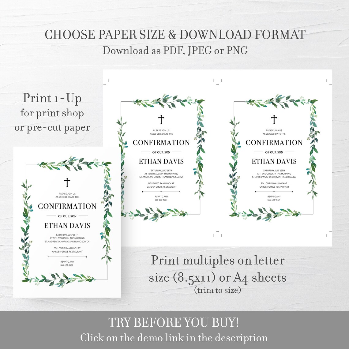Greenery Confirmation Invitation Template, Printable Confirmation ...
