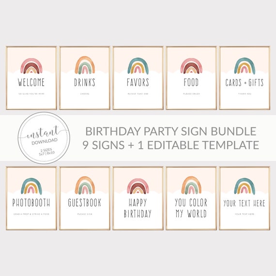 Boho Rainbow Party Sign Bundle Watercolor Rainbow Birthday - Etsy