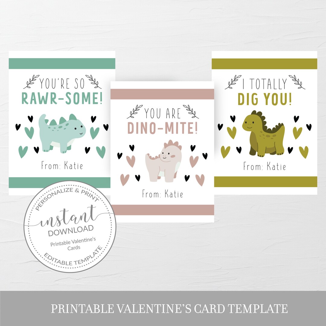 Dinosaur Printable Valentine Cards for Kids, Dinosaur Valentine Day ...