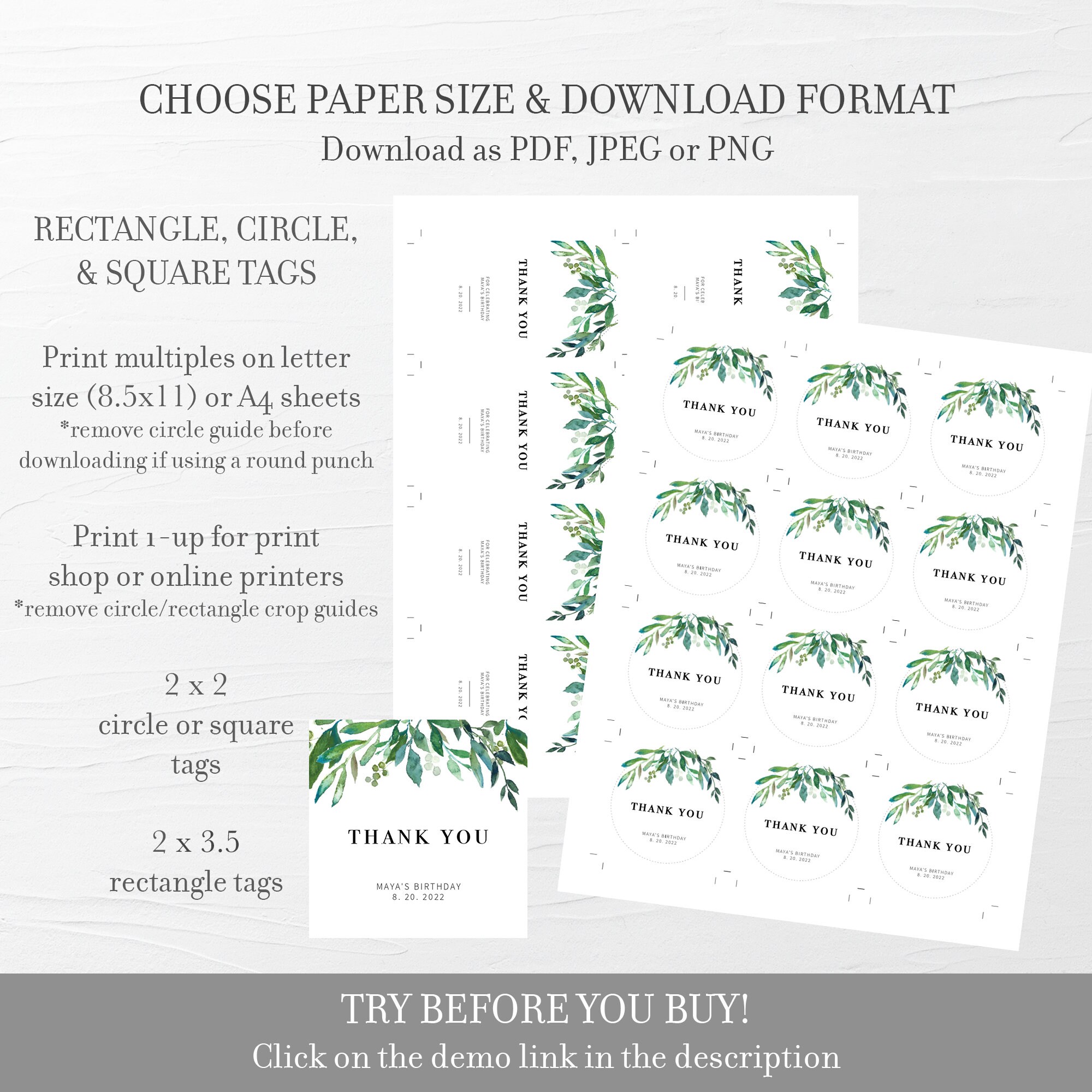 Greenery Favor Tags Printable Template Greenery Birthday | Etsy