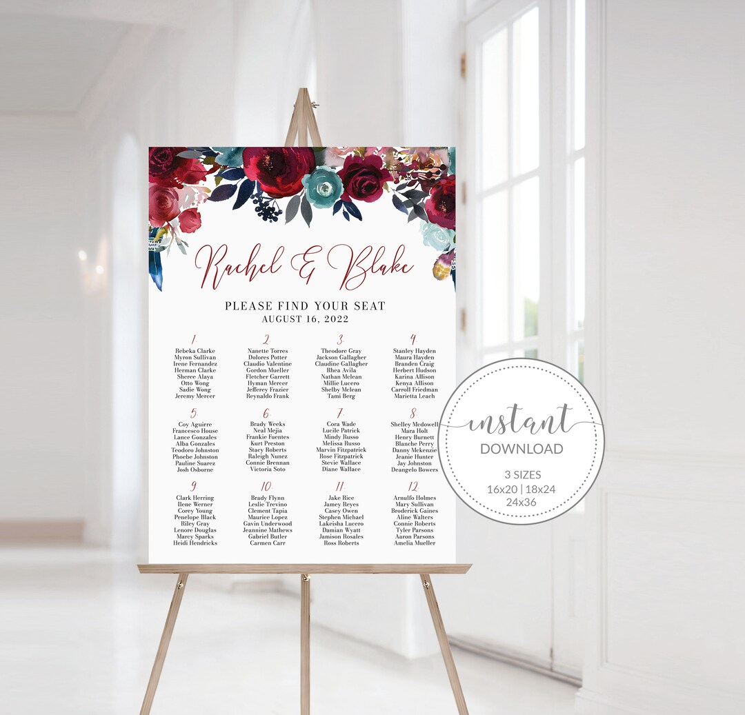 Seating Chart Poster Template, Alphabetical Wedding Seating Chart Board ...
