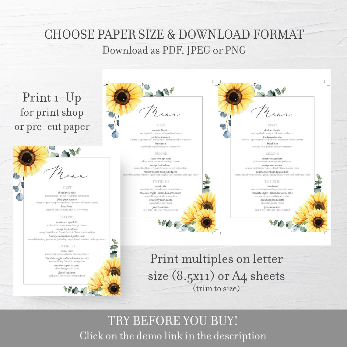 Sunflower Menu Template Download Editable Sunflower Wedding | Etsy