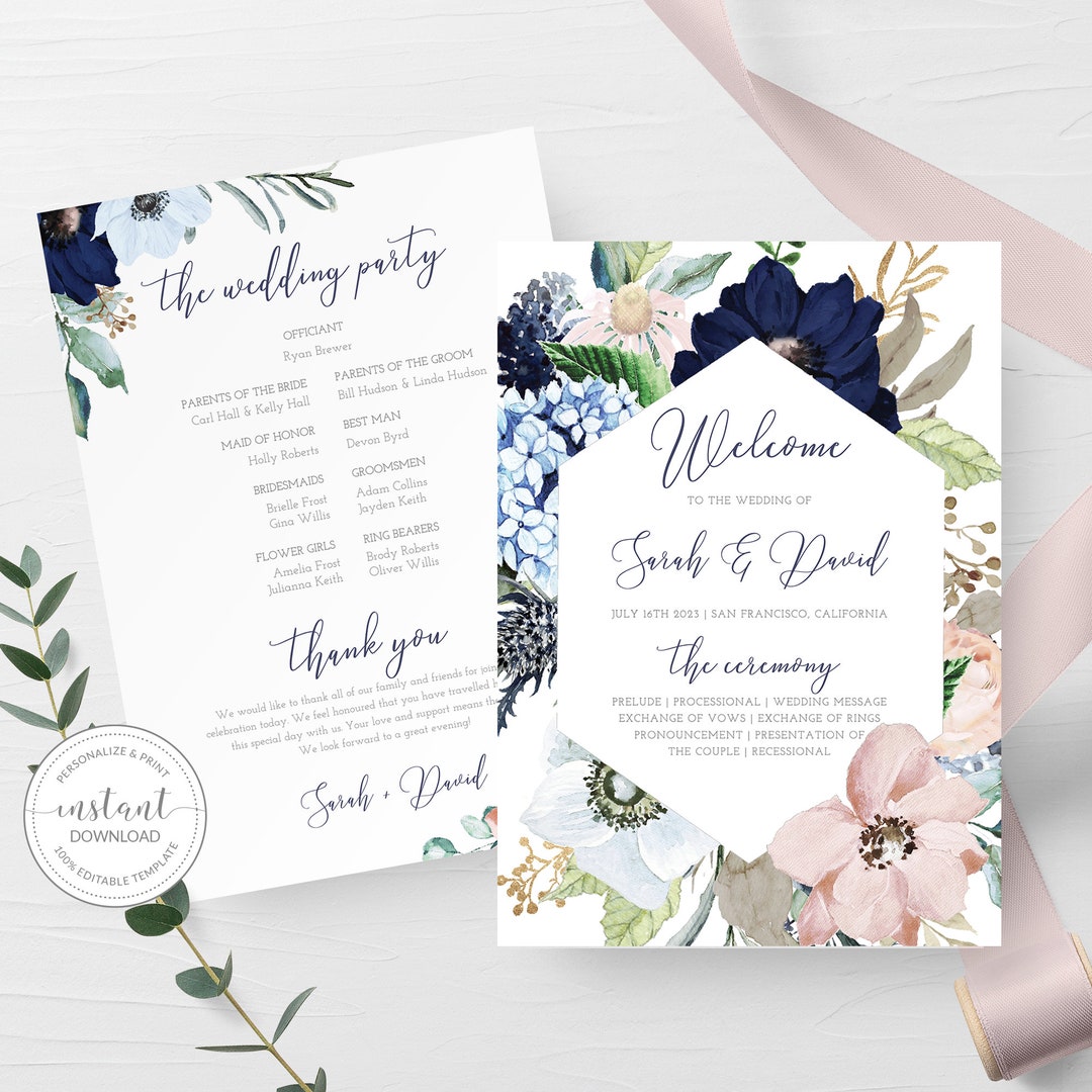 Wedding Ceremony Program Template, Navy and Blush Floral Wedding Programs, 5x7 Editable DIGITAL ...