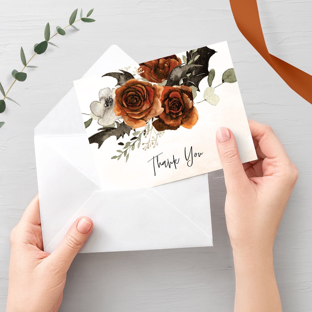 Printable Gothic Thank You Card, Burnt Orange Halloween Wedding Thank ...
