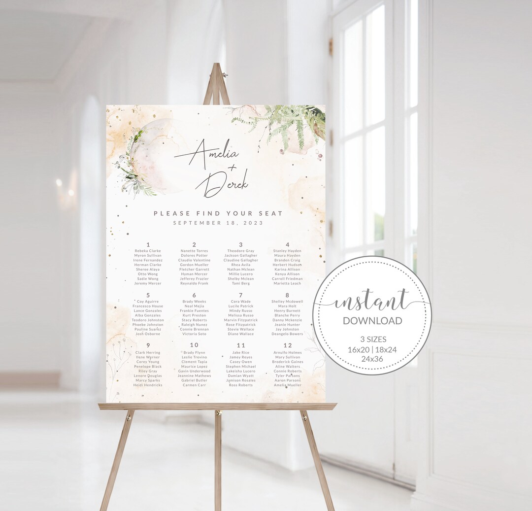 Celestial Wedding Seating Chart Poster Template, Greenery Moon Wedding ...