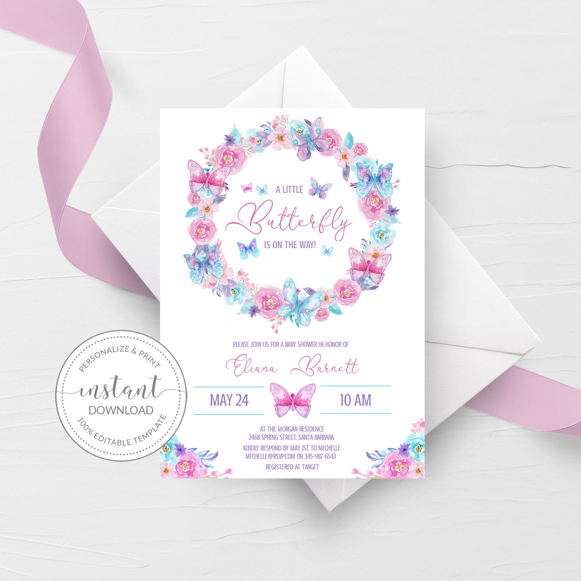 Butterfly Baby Shower Invitation Template Girl Baby Shower | Etsy