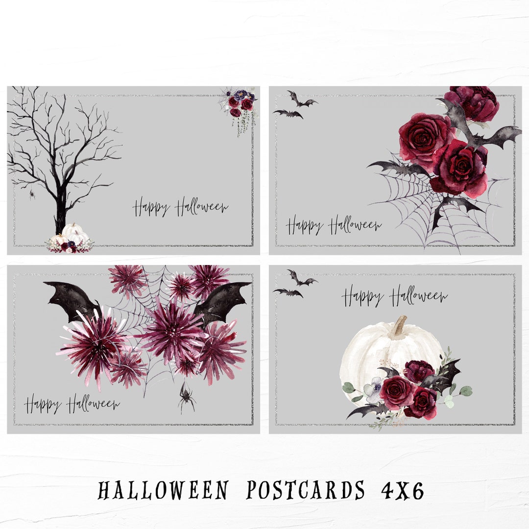Halloween Postcard Set, Happy Halloween Cards, Bats and Pumpkins ...