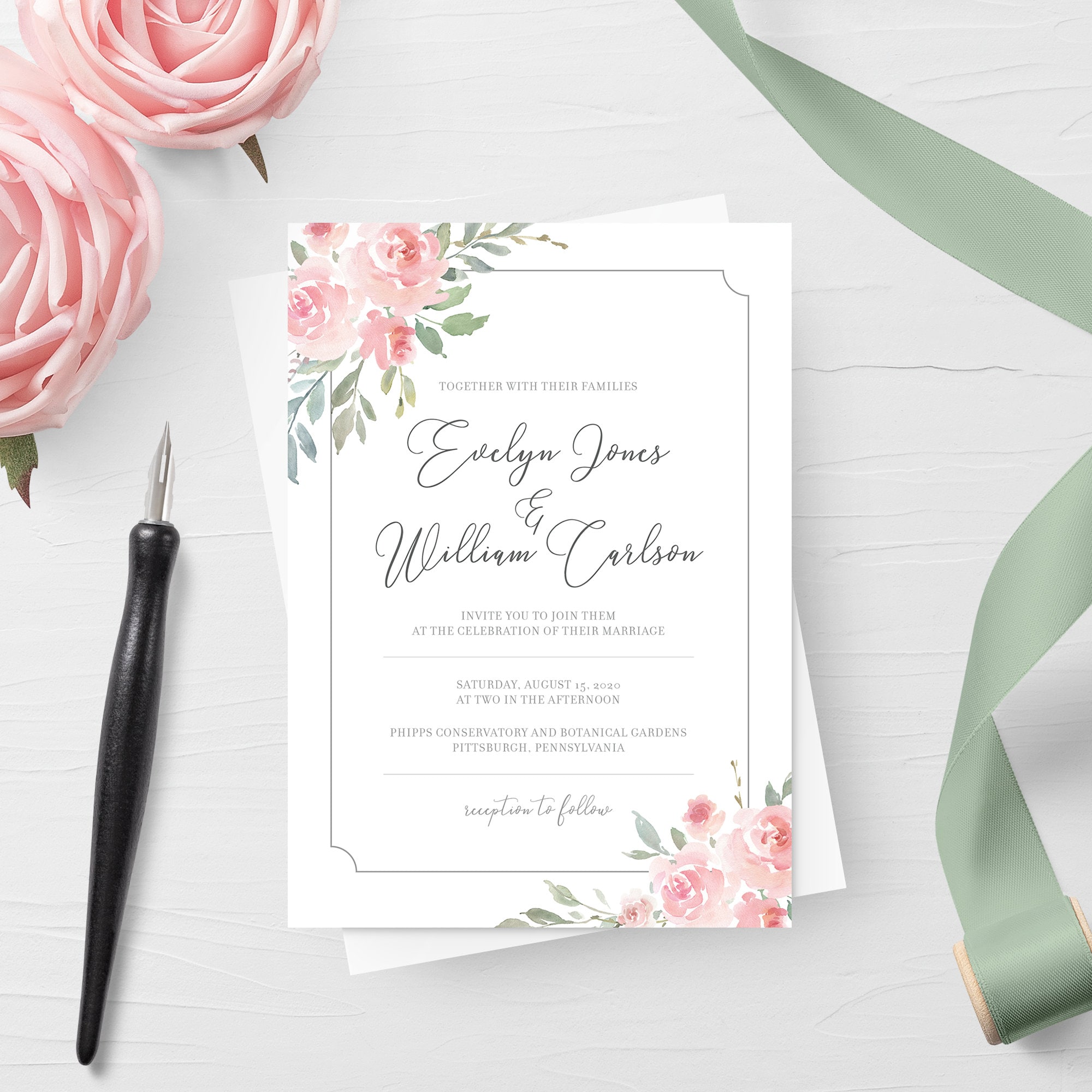Pink Floral Wedding Invitation Template Editable Wedding | Etsy