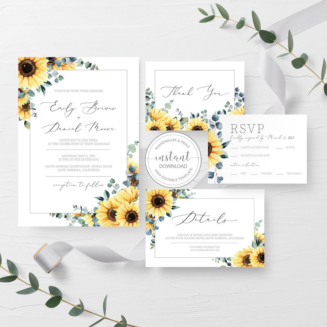 Sunflower Wedding Invitation Template, Editable Wedding Invitation ...