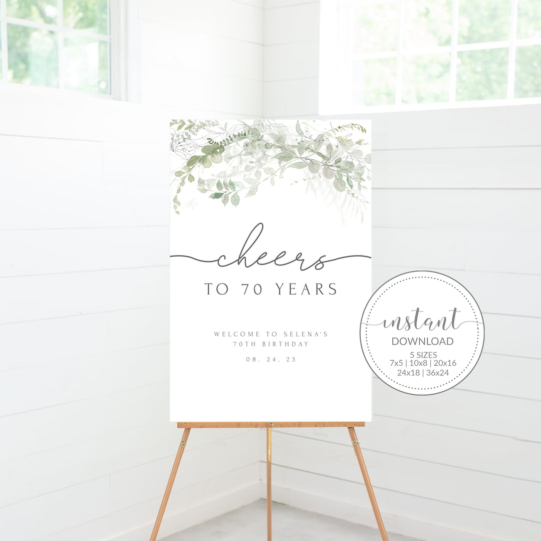 Greenery Birthday Welcome Sign Printable, 70th Birthday Party Sign ...
