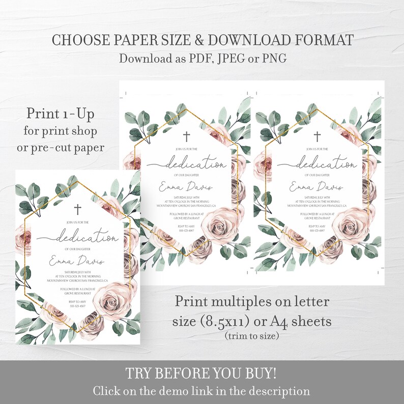 Boho Rose Dedication Invitation Girl Printable Baby | Etsy