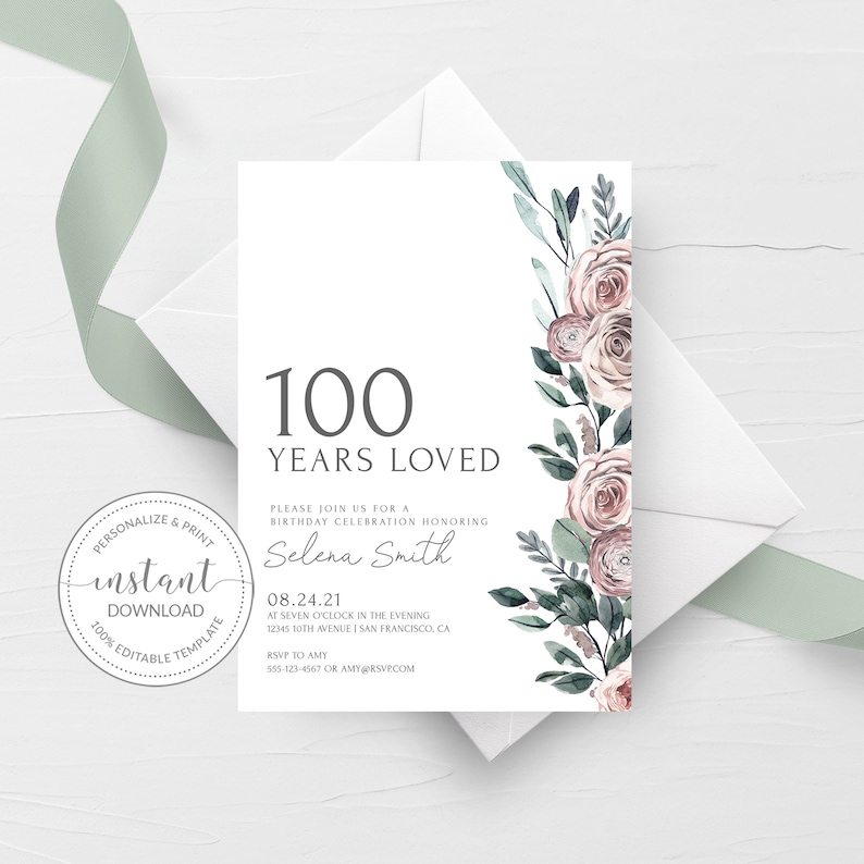 100th Birthday Invite Template, Rose 100th Birthday Invitation for ...