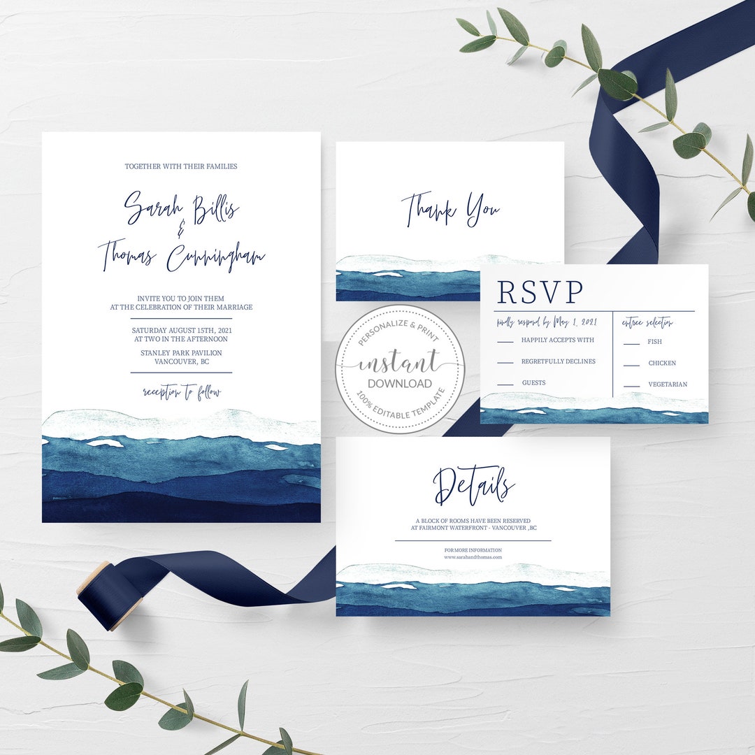 Beach Themed Wedding Invitations, Printable Modern Beach Wedding ...