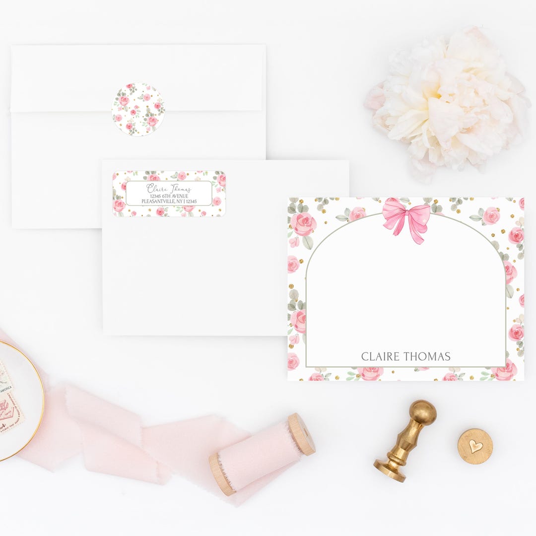 Coquette Floral Stationery Set, Personalized Note Cards With Envelopes ...
