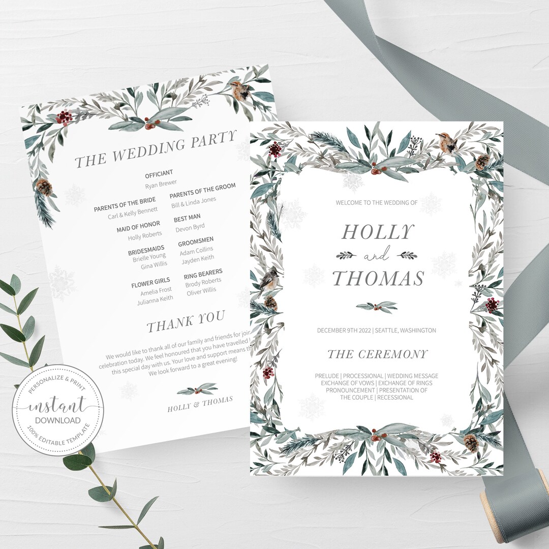 Winter Wedding Program Template, Christmas Wedding Programs, Rustic ...