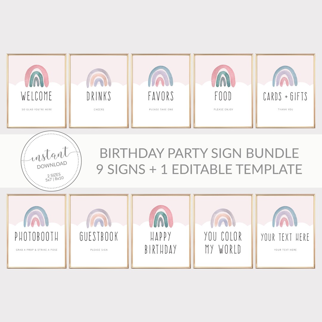 Boho Rainbow Party Sign Bundle, Watercolor Rainbow Birthday Party ...