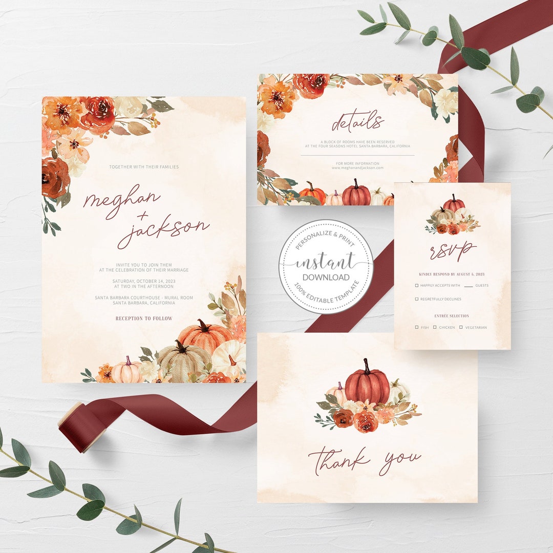 Fall Wedding Invitation Template Autumn Floral Pumpkin - Etsy