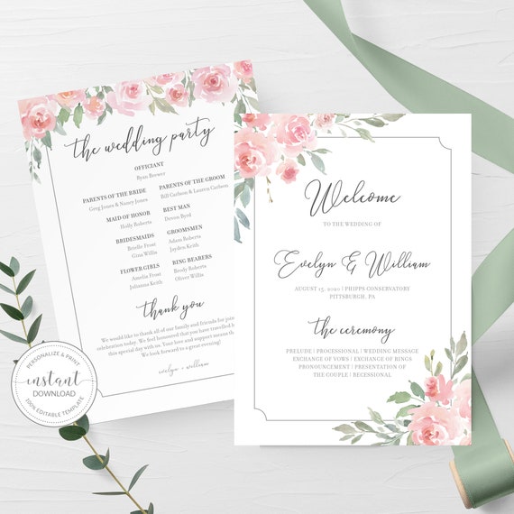 Pink Floral Wedding Ceremony Program Template Blush Wedding | Etsy