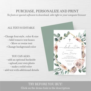Boho Rose Dedication Invitation Girl, Printable Baby Dedication Girl ...