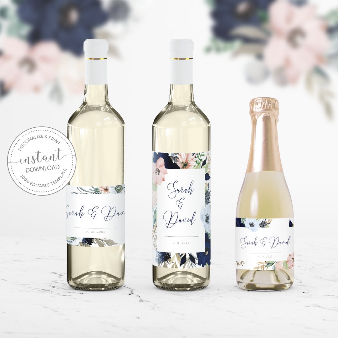 Printable Wedding Wine Bottle Labels, Navy Blush Floral Custom Wine ...