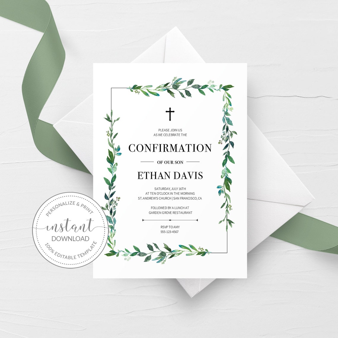 Greenery Confirmation Invitation Template Printable | Etsy